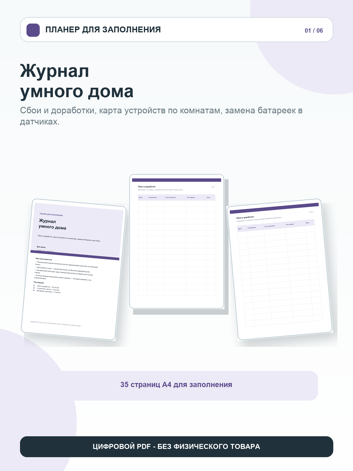 Журнал умного дома: сбои и доработки, карта устройств по комнатам, замена батареек в датчиках, цифровой PDF A4, 35 страниц