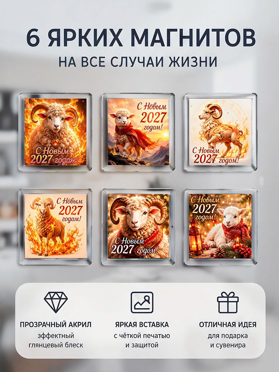 Магниты на холодильник "С Новым Годом!", 6,5*5,5 см, 6 штук.