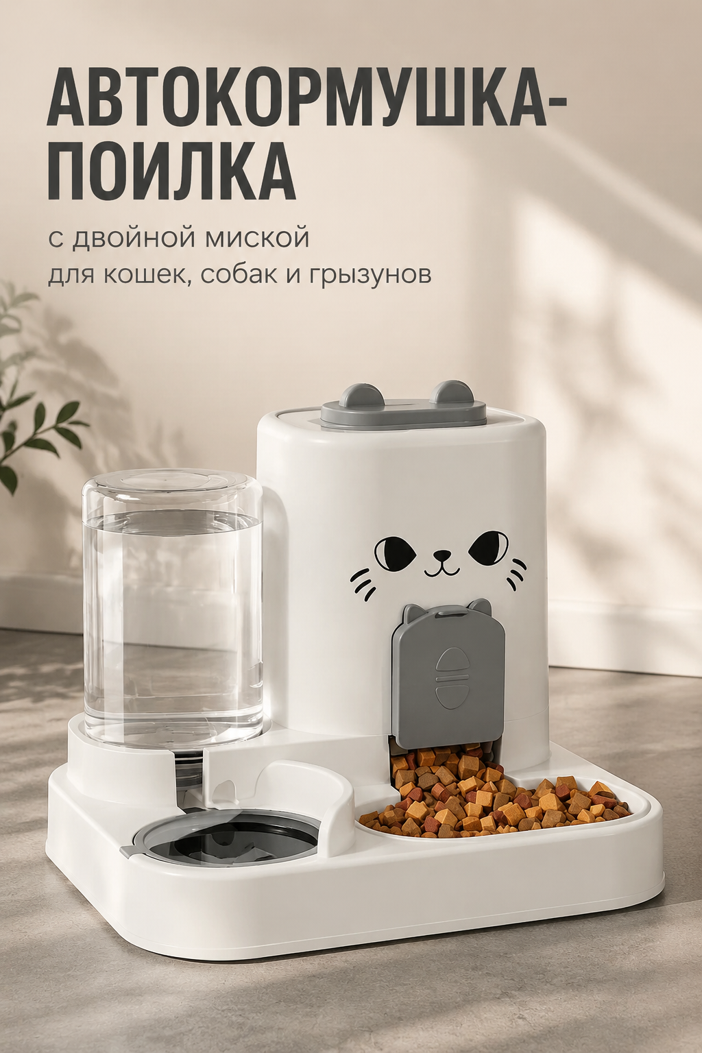 Автокормушка-поилка с двойной миской для кошек, собак и грызунов, серый пластик