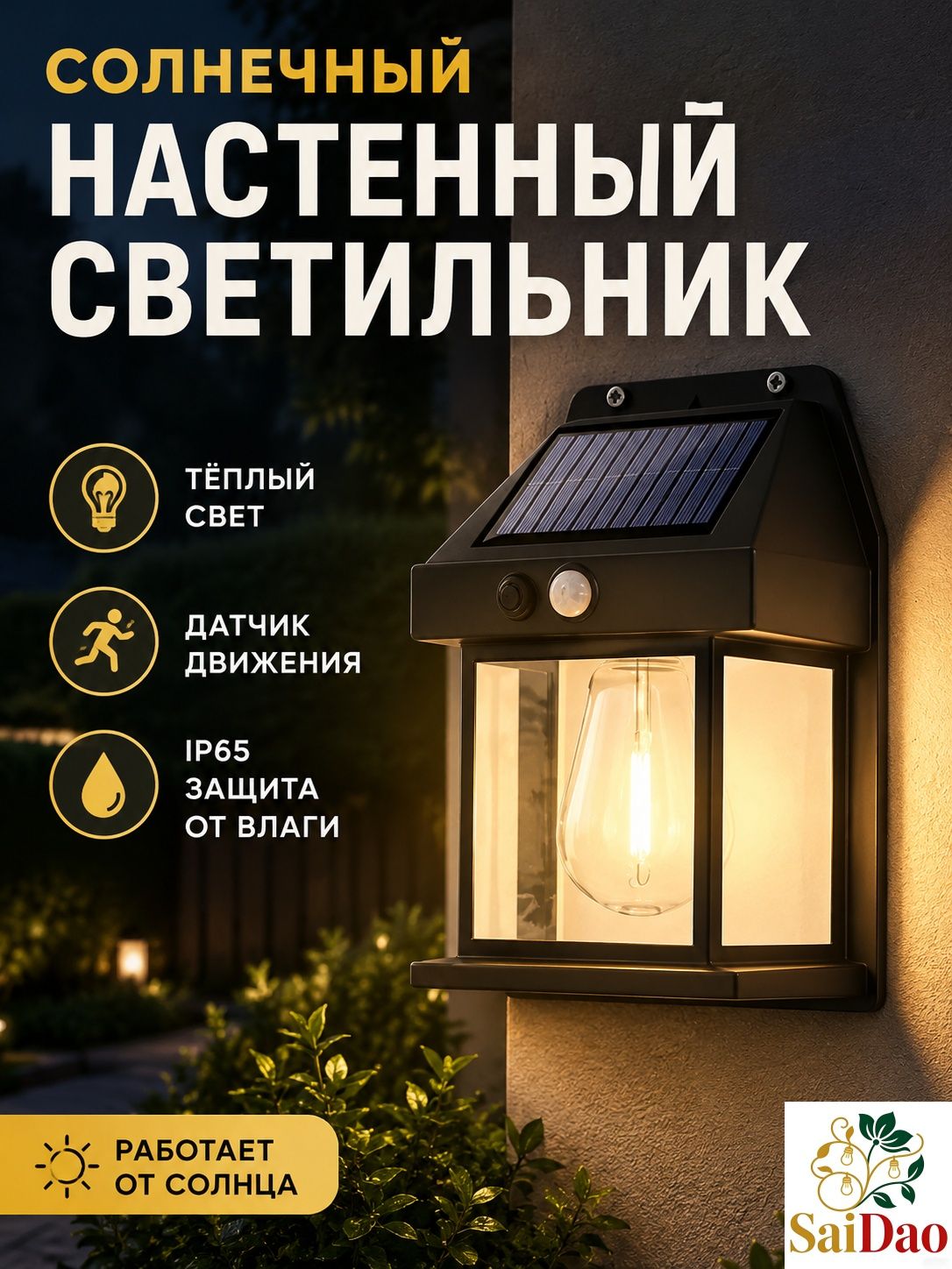 Солнечный светильник с датчиком движения, уличный настенный светодиодный фонарь IP65 для фасада, дома, двора и дачи