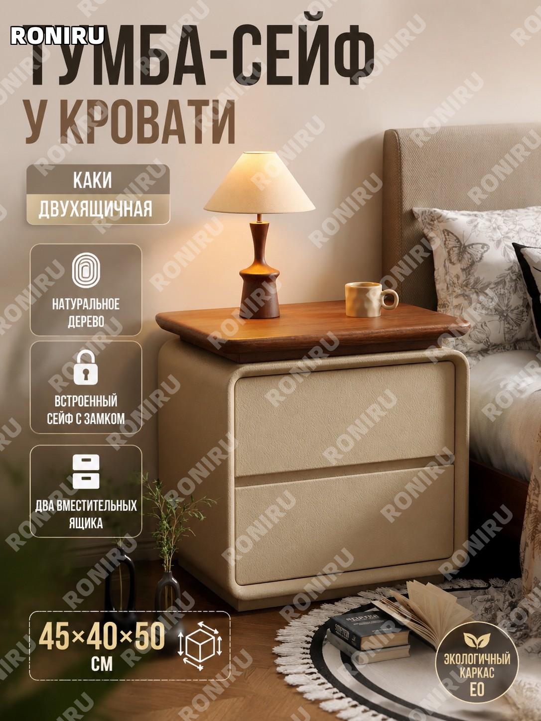 Тумба прикроватная с замком и сейфом каркас E0 45×40×50 см, хаки, двойной ящик, готовая к использованию для дома