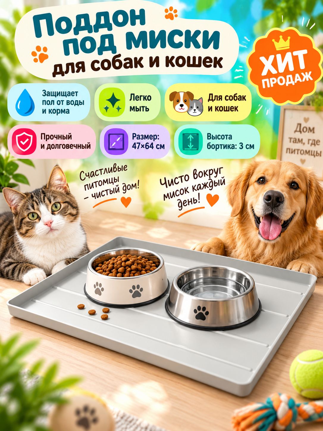 Поддон под миски для собак и кошек 47*64*3 см, пластиковый коврик для корма и воды