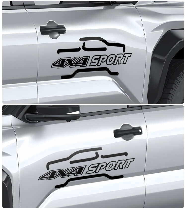 Декоративные виниловые декали 4X4 SPORT на двери пикапа Тойота Такома. Материал KK Vinyl, устойчивость к УФ-излучению и воде, простая установка, после снятия не оставляет следов клея. В комплекте 2 штуки.