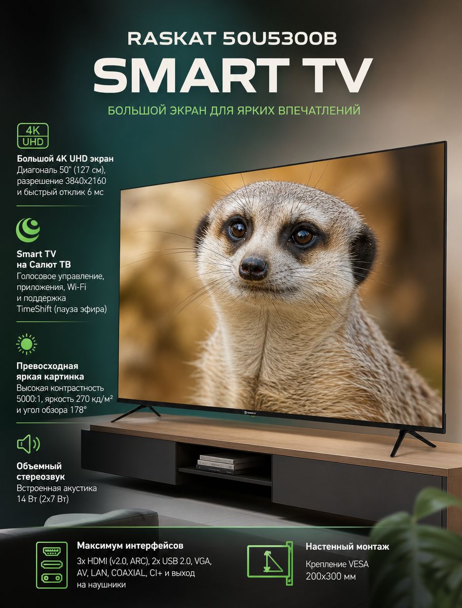 Телевизор RASKAT 50U5300B 50" (127 см) 4K Ultra HD, Smart TV Салют ТВ, Wi-Fi