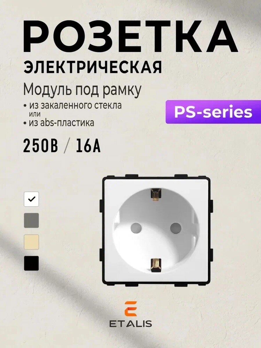 Розетка электрическая с заземлением белая, модуль без рамки, под рамку из закаленного стекла, 3,5 кВт