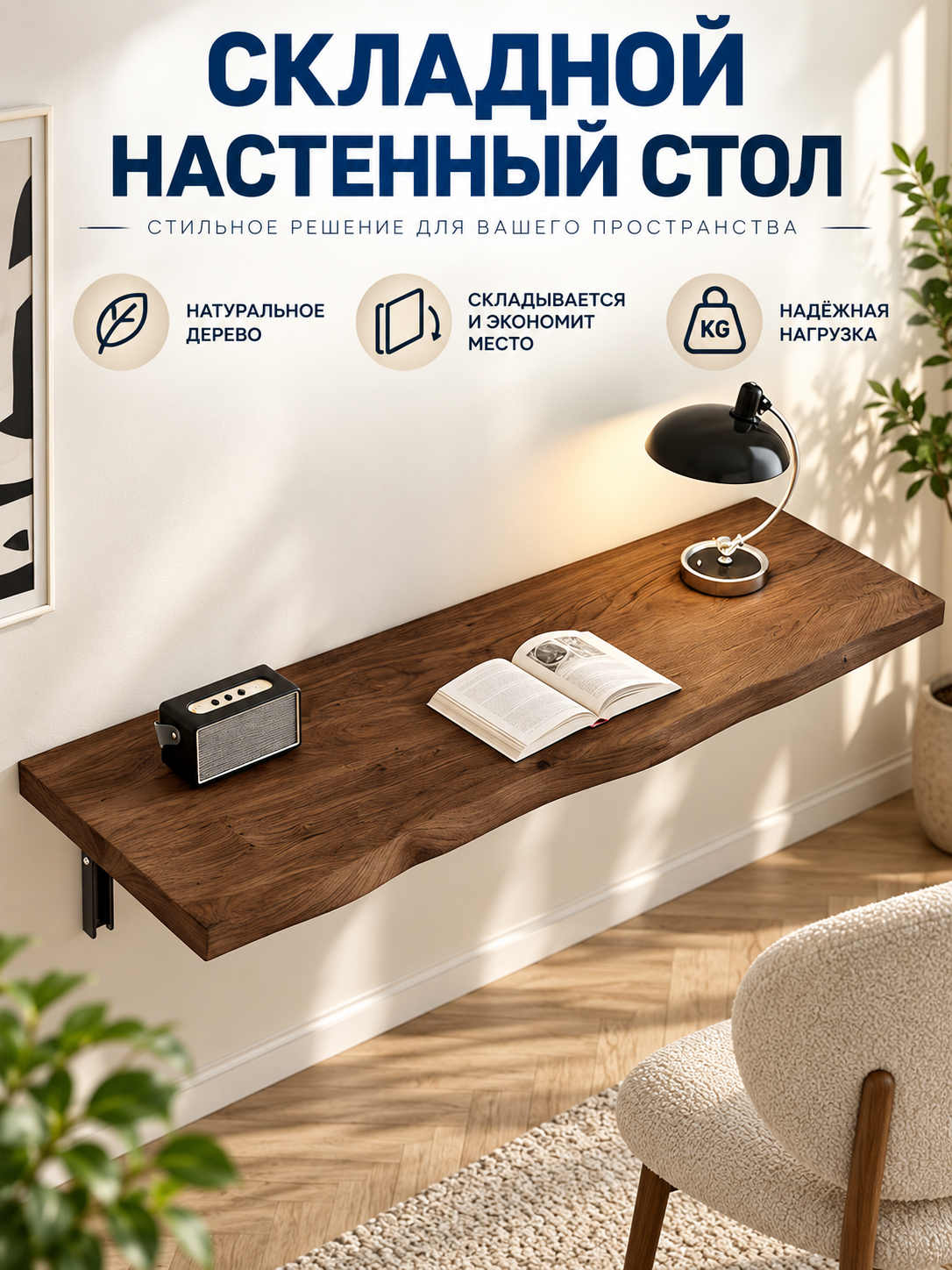 Складной настенный стол, натуральное дерево, складывается для экономии пространства, подходит для комнаты