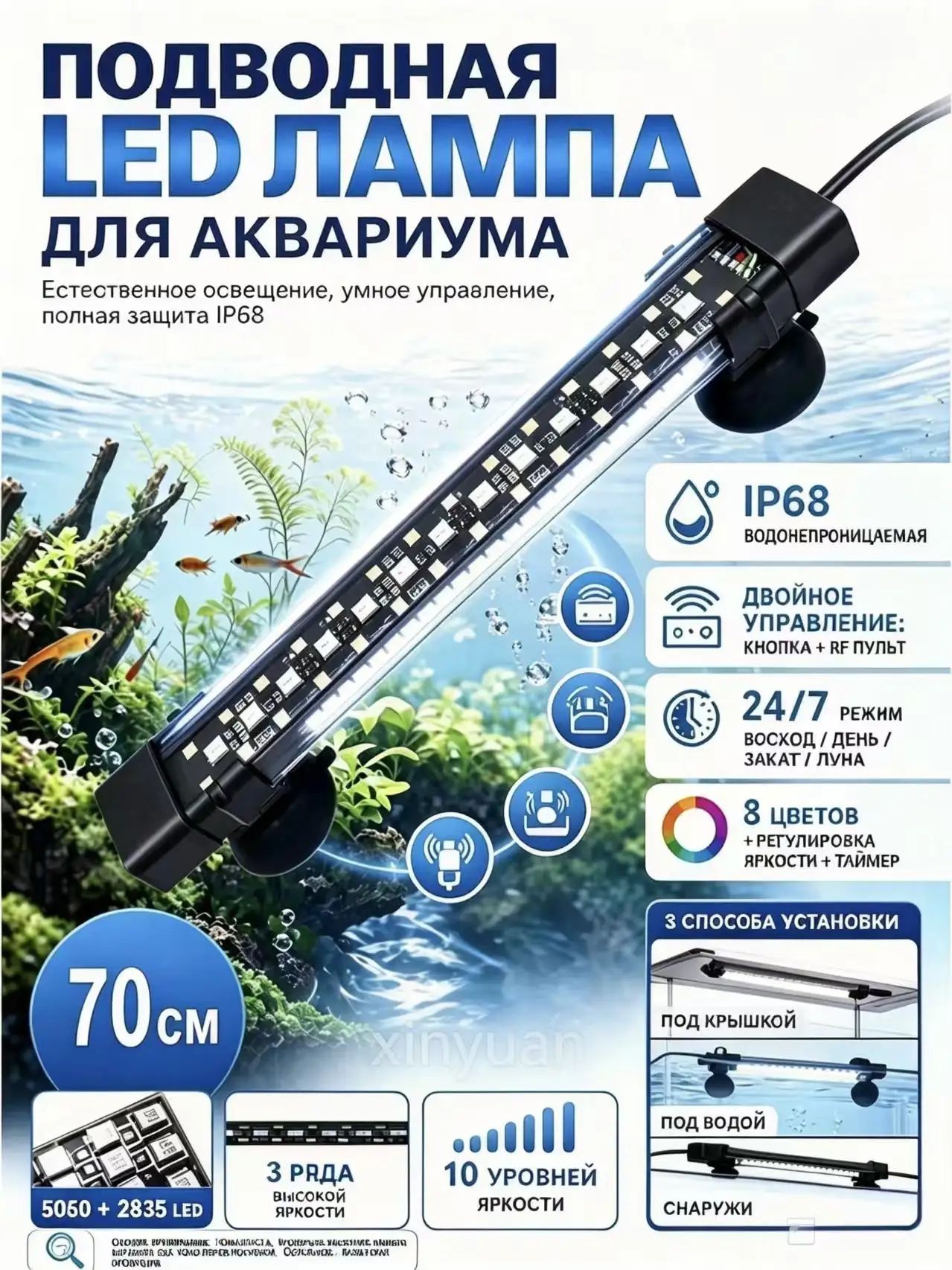 Аквариумная лампа IP68 погружная 70 см 18 Вт с режимом восходзаход, таймер и RFпульт, установка внутри/снаружи аквариума для растений и рыб