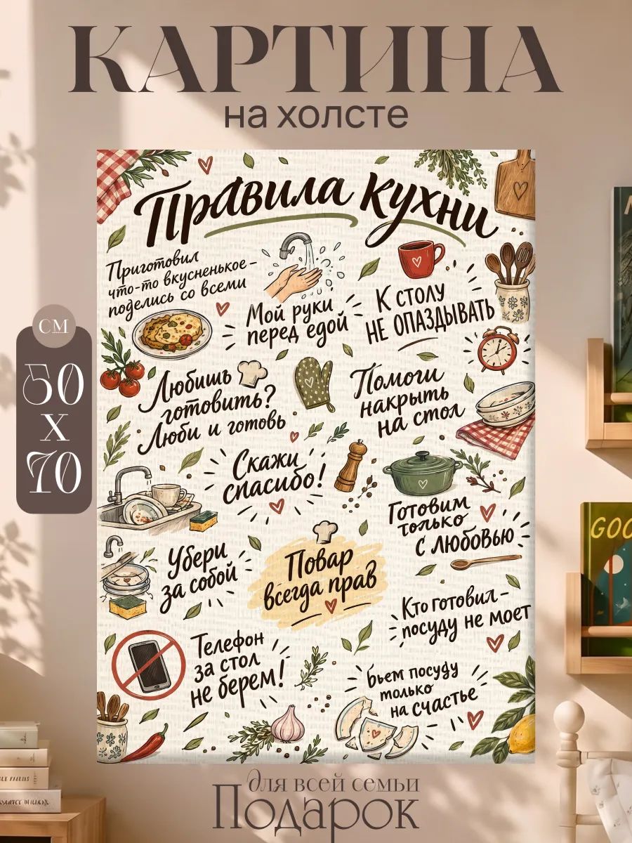 Картина на стену для интерьера 50х70 Правила кухни