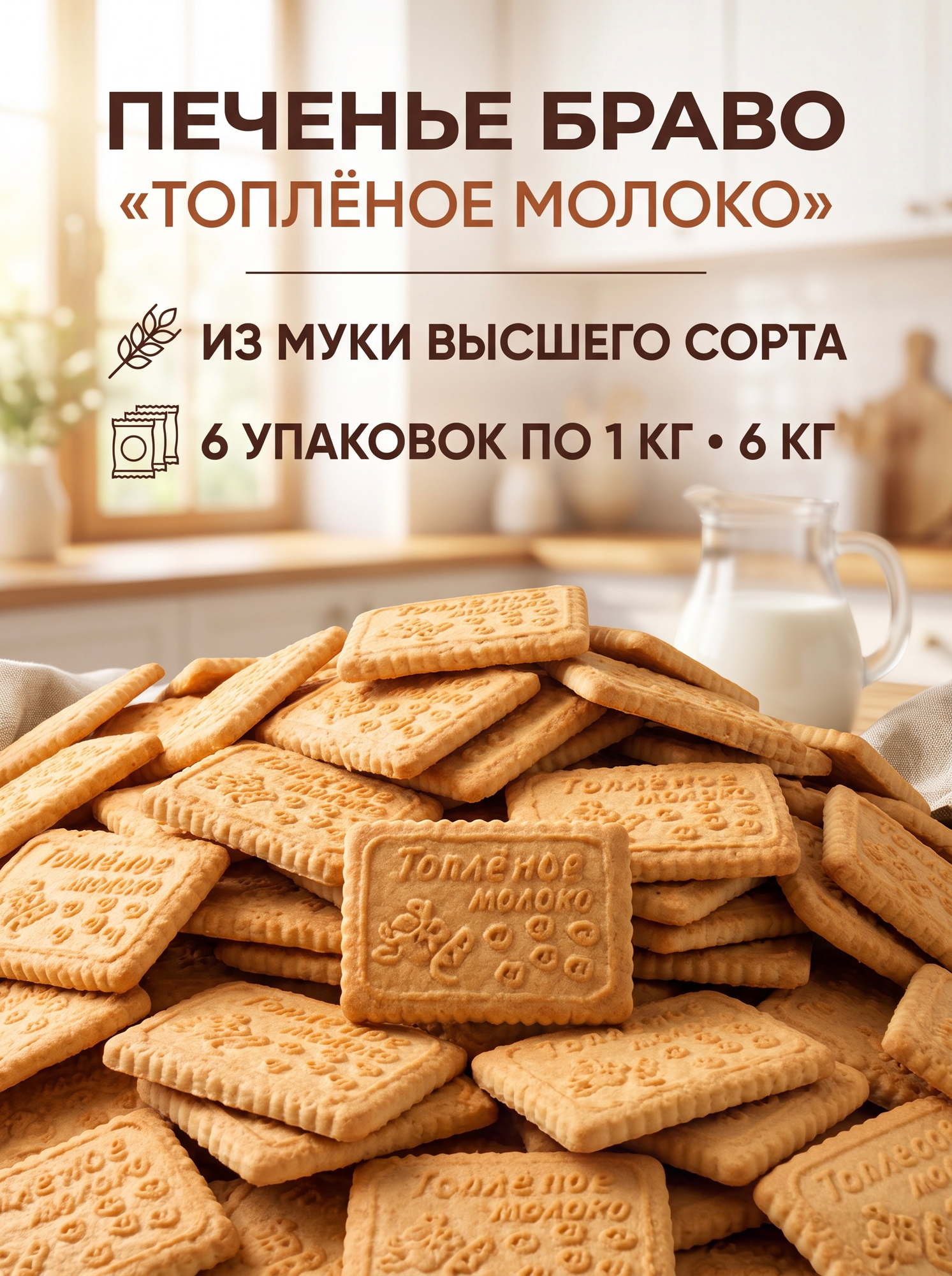 Печенье сахарное Браво «Топлёное молоко», 6 упаковок по 1 кг, набор 6 кг, печенье к чаю и кофе