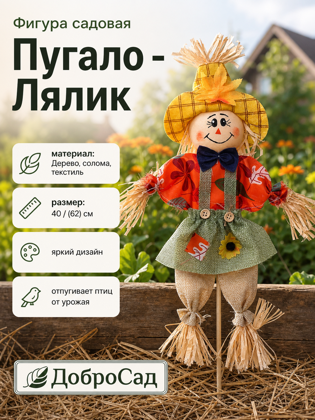Фигура садовая "Пугало-Лялик" 62см, дерево, солома, текстиль, Добросад