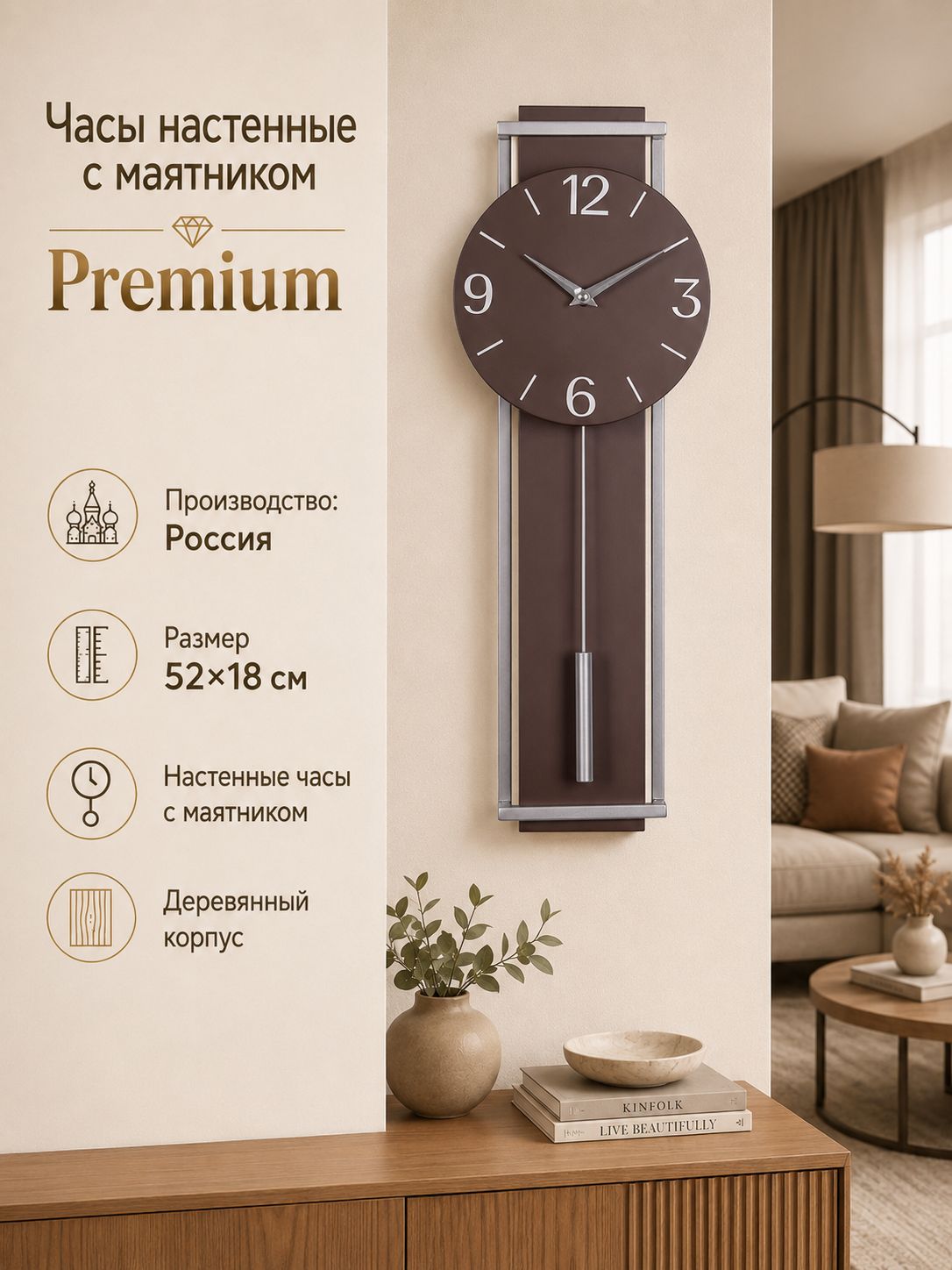 Настенные часы с маятником бесшумные Рубин 18х52см