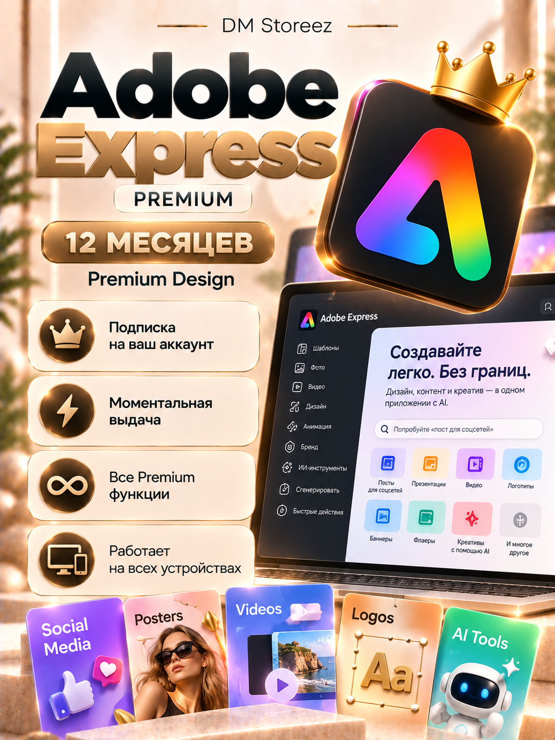 Adobe Express Premium - 12 месяцев / Генерация и редактирование фото и видео