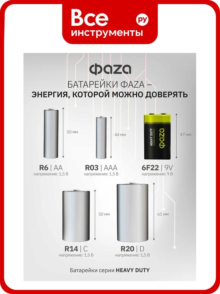 Элемент питания солевой ФАZА "крона" 6F22 9В Heavy Duty Shrink-1 5002265