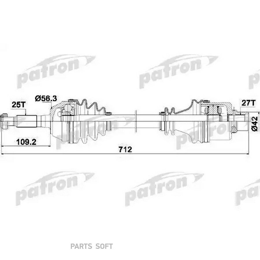 Полуось перед 25x713.5x56.3x27 RENAULT: TRAFIC Van 1.4/1.7/1.9D/2.0/2.1D/2.2/2.2 4x4/2.5D/2.5D 4x4 89-01, TRAFIC c борт 1.7/2.0 RWD/2.1 D RWD/2.5 D 89-01, TR от официального дистрибьютора, PATRON, артикул PDS0076
