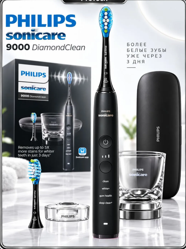 Электрическая зубная щетка sonicare DiamondClean 9000series HX9912, футляр дорожный зарядный, зарядный стакан, черный