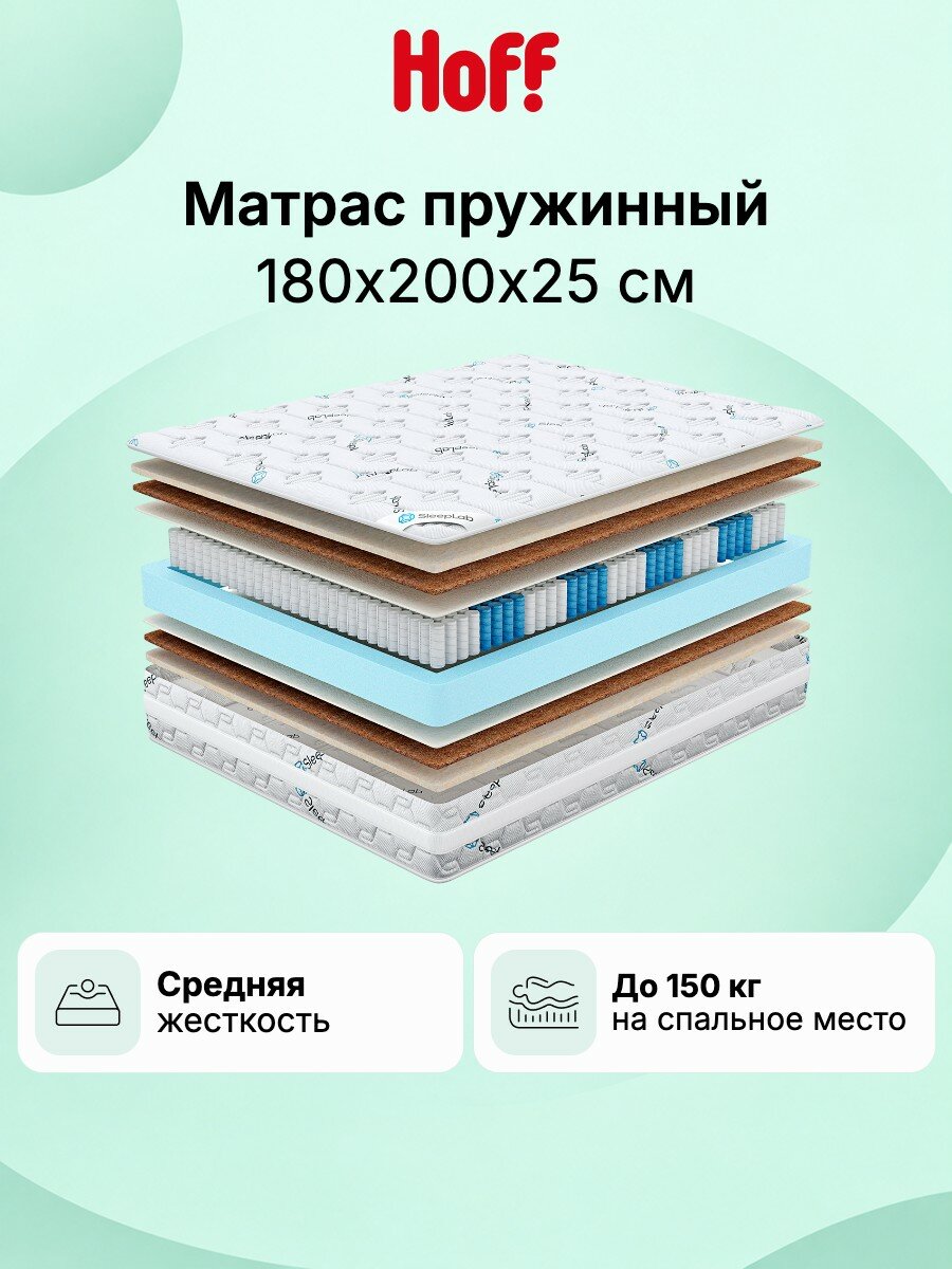 Матрас SLEEPLAB Shine, 180х200 см, независимые пружины, двусторонний, средняя жесткость