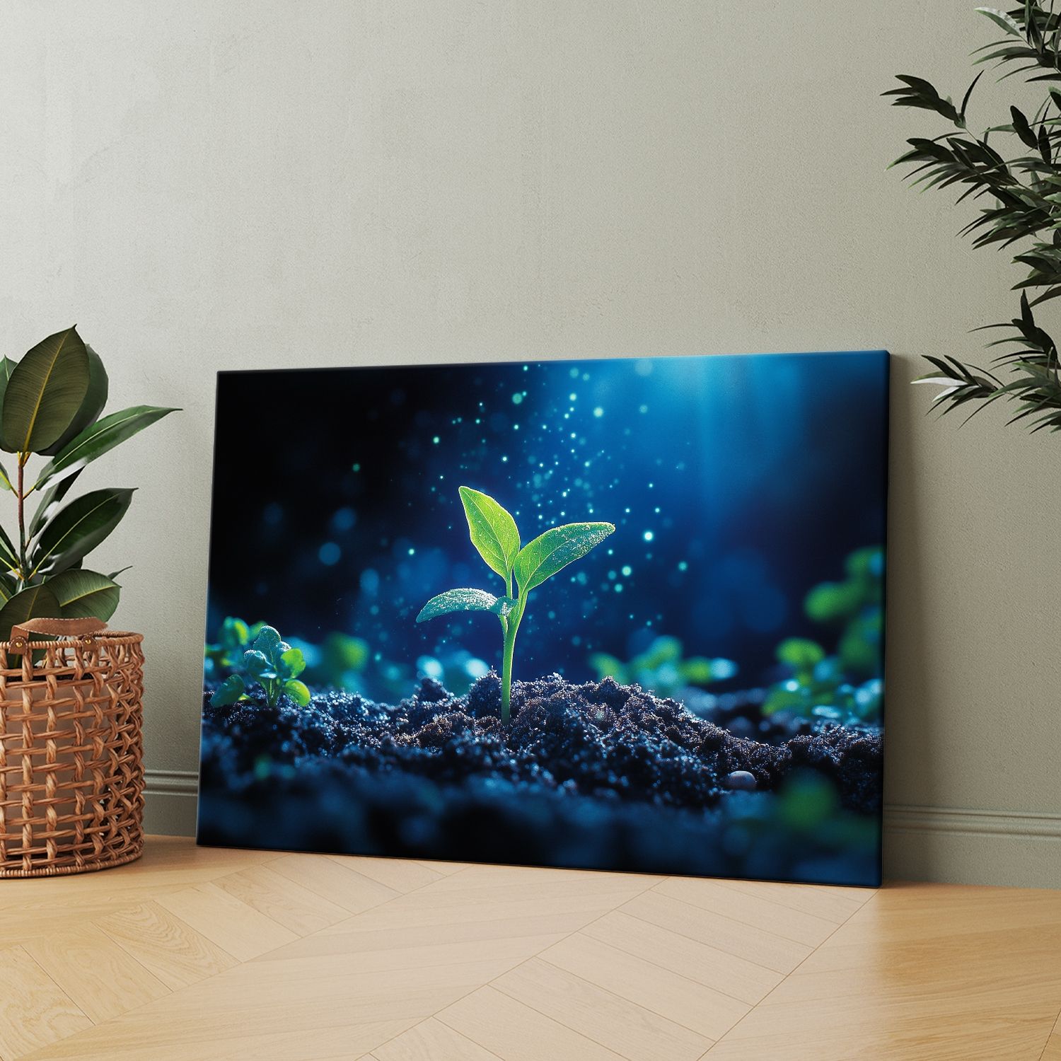 Картина на холсте (растение, росток, земля, листья, природа, свет, капли воды) 40x60 см. Интерьерная на стену. Украшение в комнату. В подарок.