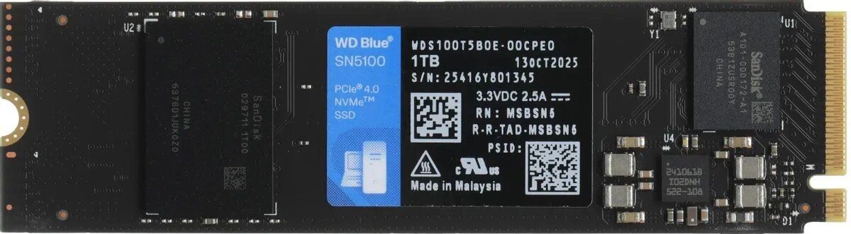 Жесткий диск SSD накопитель WD Blue SN5100 1ТБ, M.2 2280, PCIe 4.0 x4, NVMe, M.2 (WDS100T5B0E)