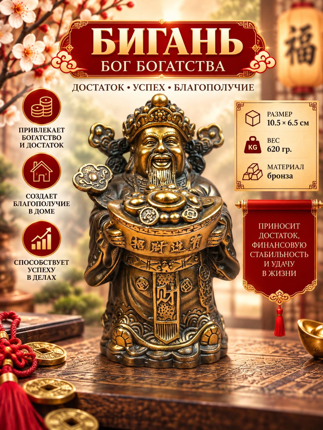 Статуэтка "Бигань- Бог богатства" Фен-шуй, бронза (14*9*6.5см.)