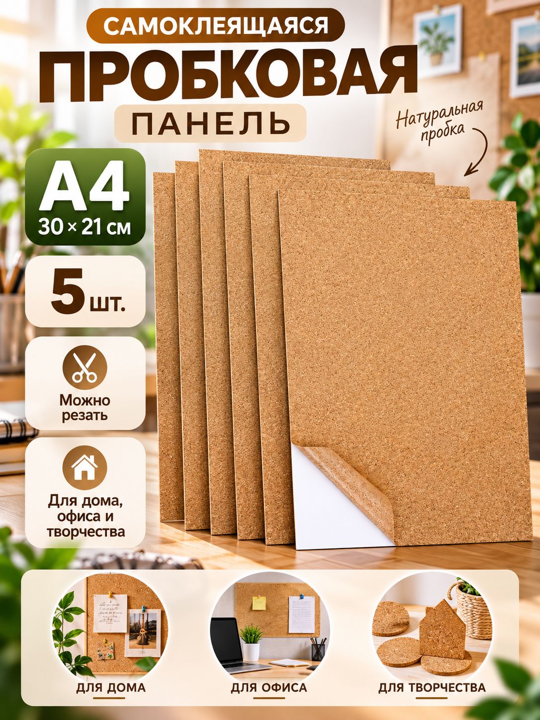 Самоклеющиеся пробковые панели для стен, 5 листов 30x21 см, мягкие звукоизоляционные панели для заметок и декора