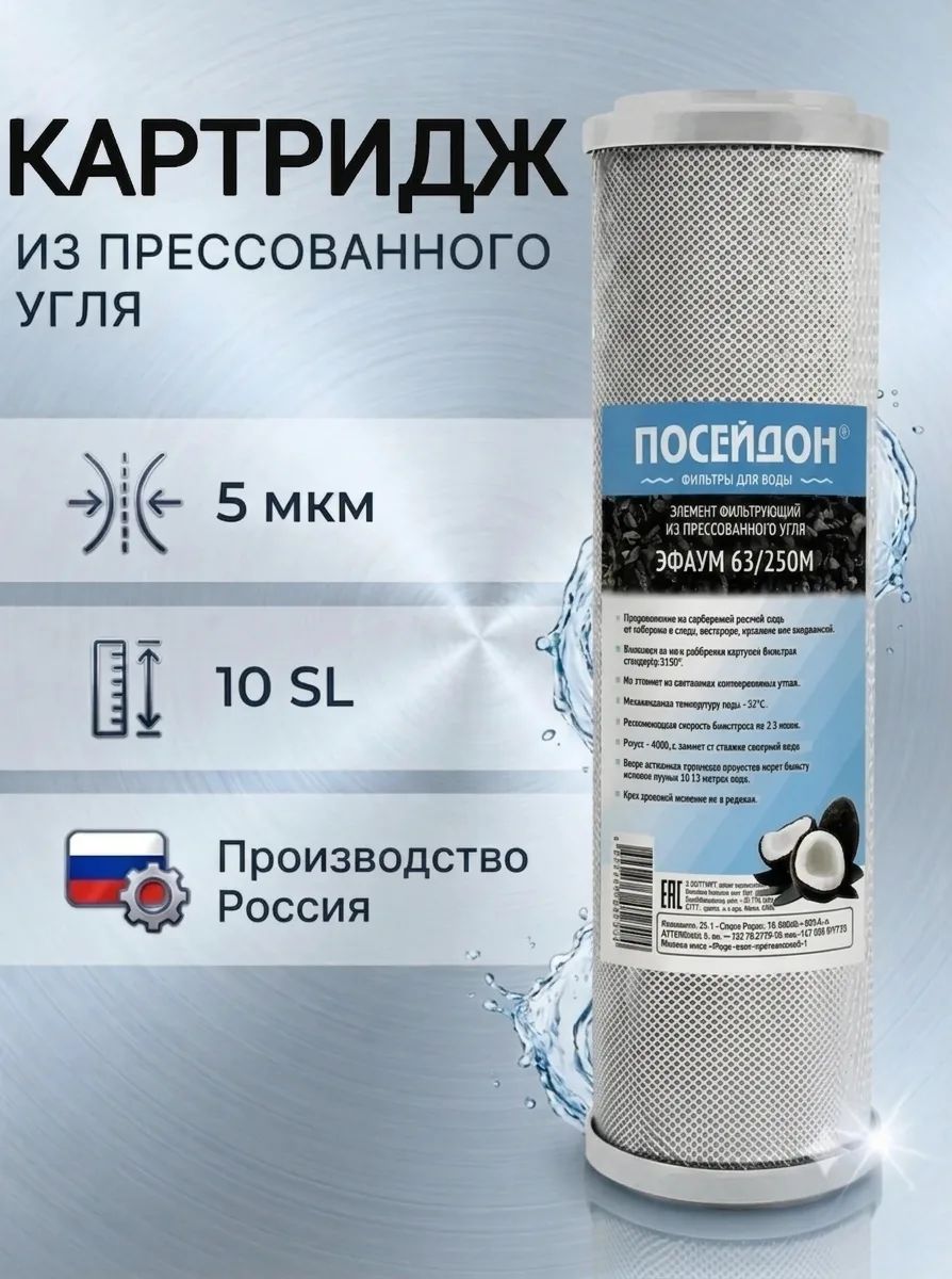 Картридж угольный Посейдон 10SL, производство Россия, для удаления из очищаемой воды хлора, органических примесей, неприятного запаха и вкуса
