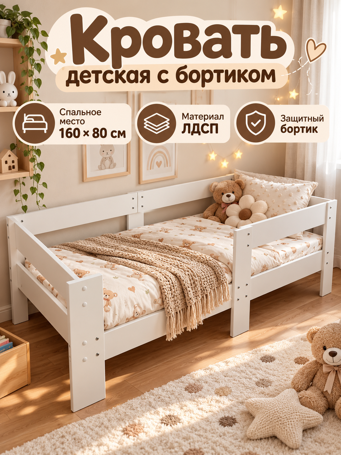 Кровать детская, односпальная, с бортиком из ЛДСП, белый, 160x80 см