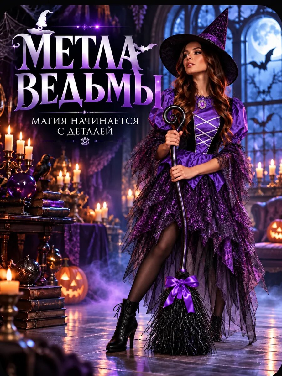 Метла ведьмы разборная, длина 128 см, чёрная, 1 шт на Хэллоуин