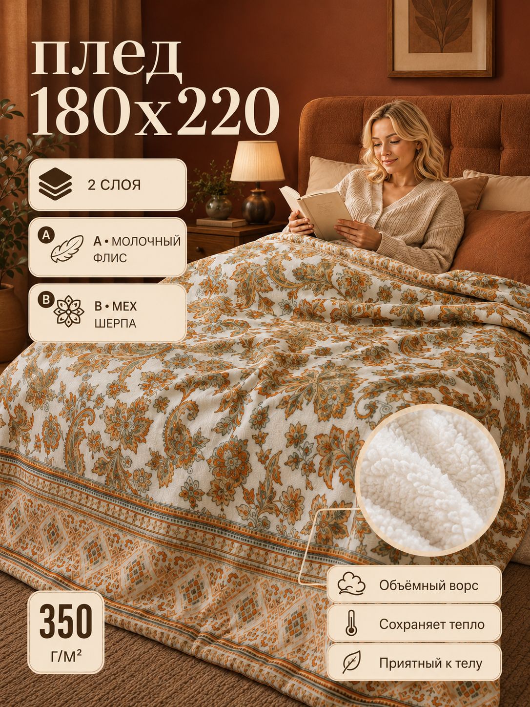 Плед 180х200 и плед теплый, двухслойный, с принтом и белой фланелевой изнанкой, для дивана и кресл