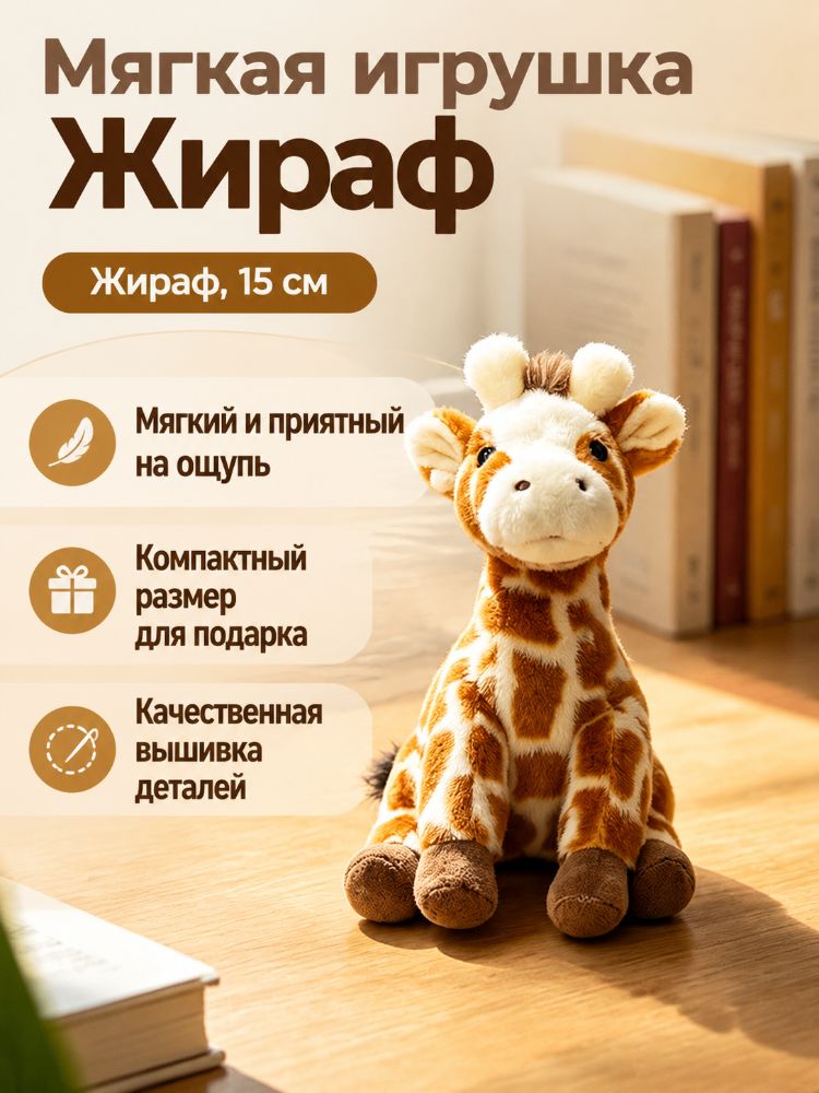 Плюшевая игрушка-жираф сидячая 15 см, короткий ворс, ПП-холлофайбер