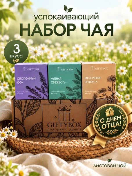 Набор чая подарочный, успокаивающий травяной из 3 вкусов GiftyBox подарок отцу, папе, тренеру