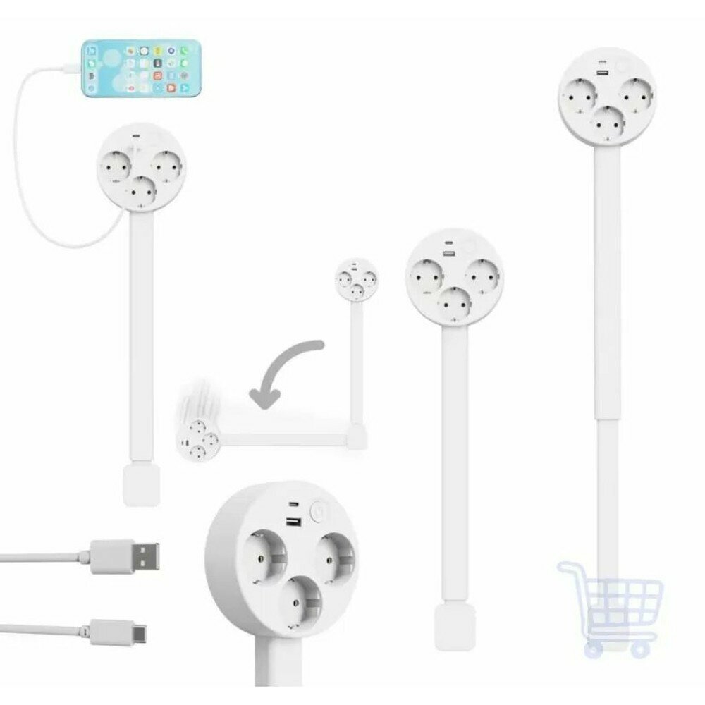 Удлинитель-розетка с USB-A и USB-C, поворотный на 180 градусов, для дома и офиса, 47-67 см
