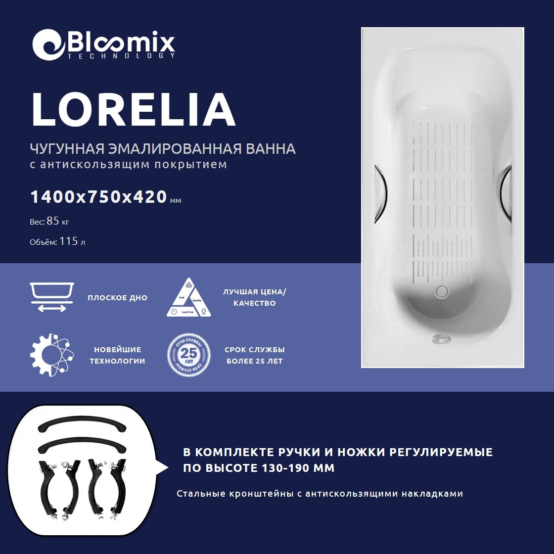 Ванна чугунная Bloomix Lorelia 140x75 BLL147542-H-ANS с ручками и антискользящим покрытием