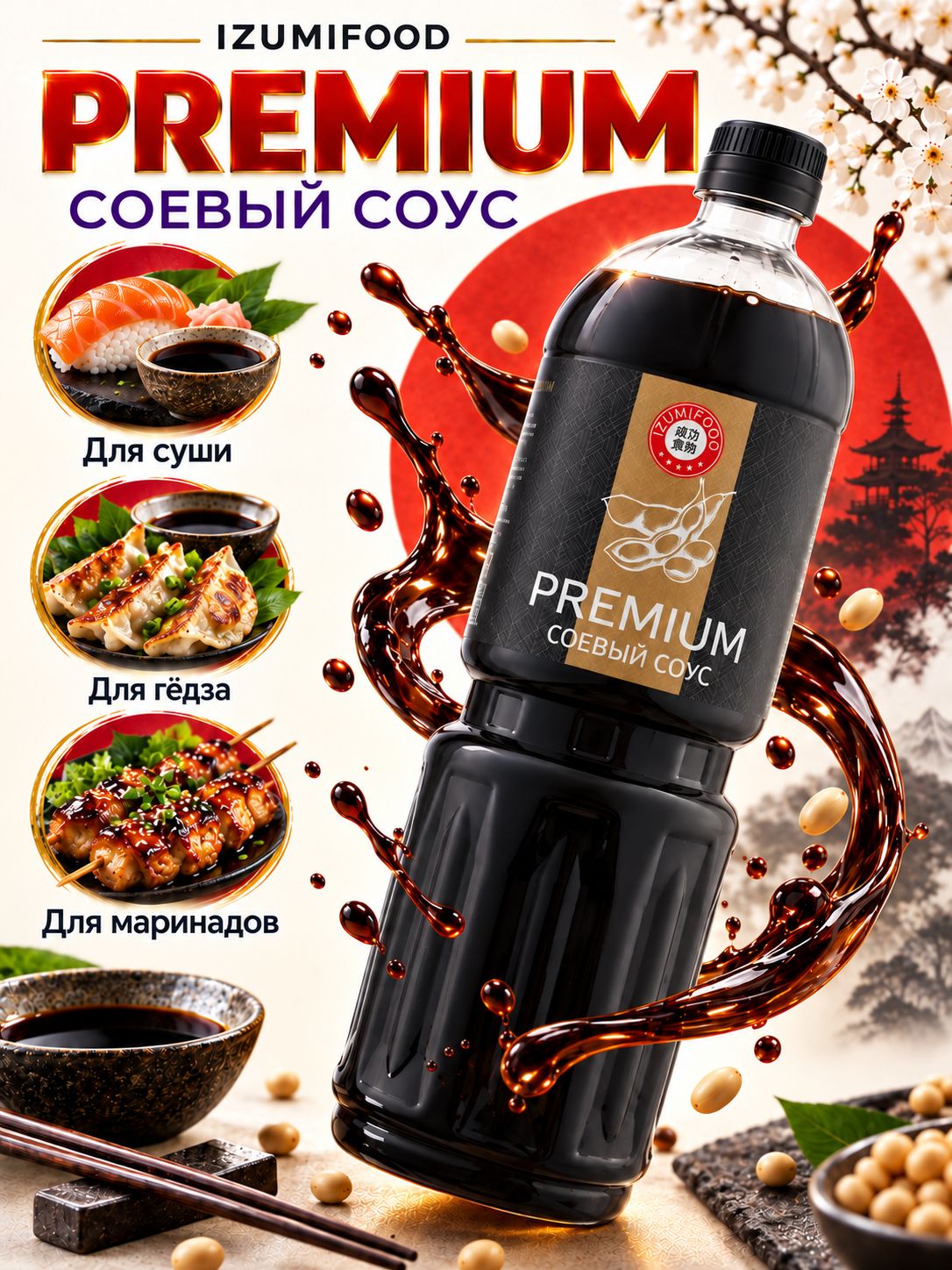 Соевый соус IzumiFood PREMIUM 1,5 л для суши, роллов и маринадов