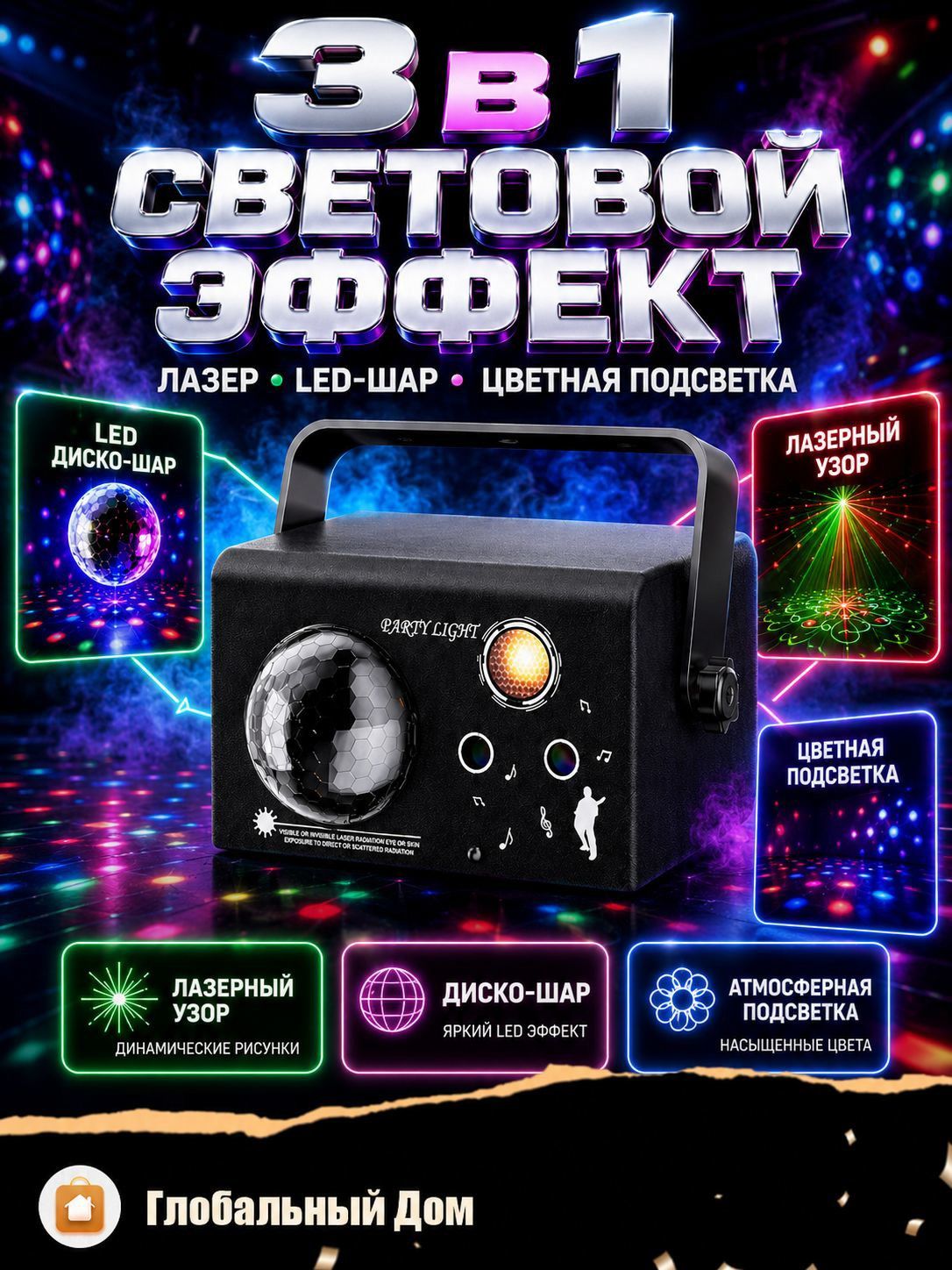 Диско лампа 3 в 1 RGB с лазером и LED Magic Ball, лазерный проектор для вечеринок DJ светомузыка с пультом, стробоскоп, звуковая активация для дома, караоке, клуба