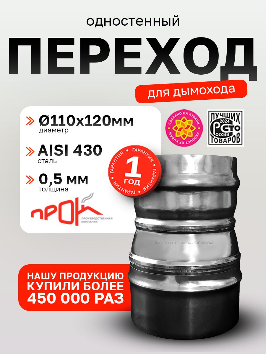 Переход моно мама/папа для дымоходных труб D 110x120 мм (0,5/430*0,5/430) нерж "Прок"