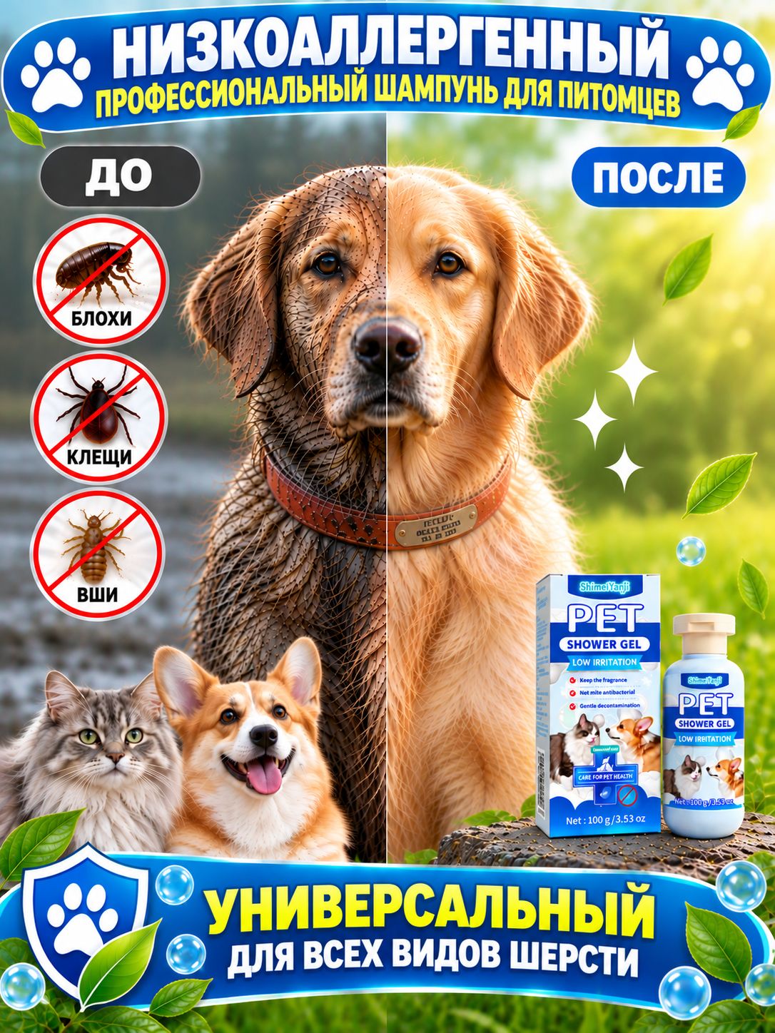 Шампунь для собак кошка гипоаллергенный с кондиционером. антибактериальный, антигрибковый, от запаха, Шампунь для собак и кошек универсальн