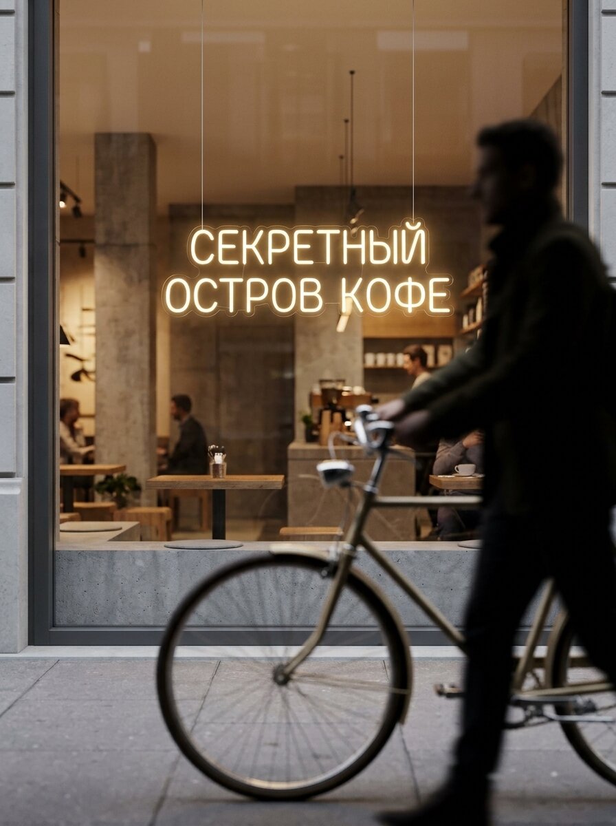 Неоновая вывеска "Секретный остров кофе" 92х30см, неоновая надпись, LED светильник для кофейни