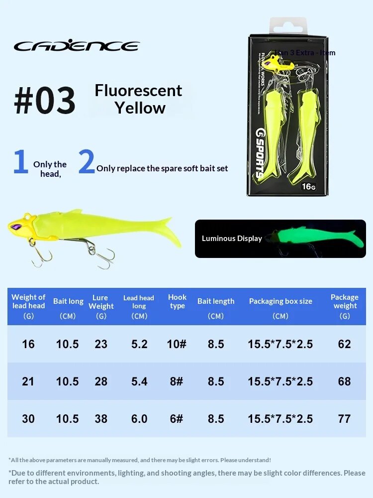 Cadence Lead Head Светящаяся приманка для морского окуня Желтый, 21g, Fluorescent Yellow