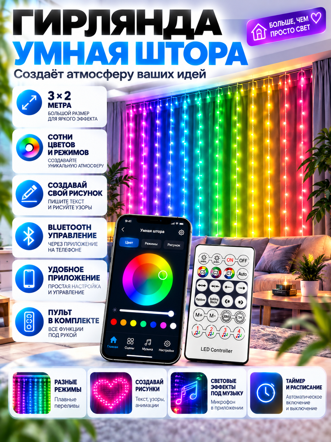 Гирлянда штора умная с анимацией RGB 3x2 м, Умная гирлянда с Bluetooth, ТХ
