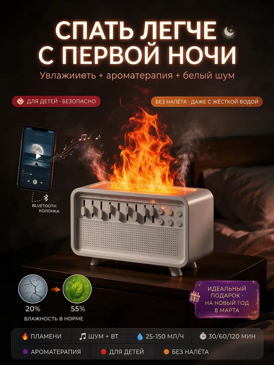 Увлажнитель воздуха с белым шумом и ночником для сна и детской, ультразвуковой аромадиффузор