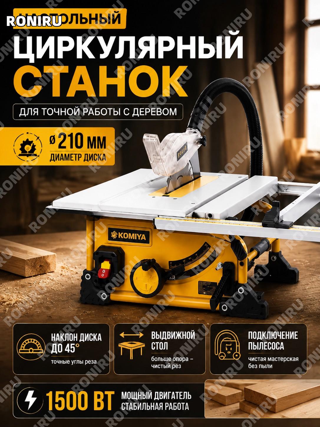 Настольный циркулярный станок KOMIYA 210 мм, дисковая пила по дереву 1500 Вт с наклоном до 45° и выдвижным столом