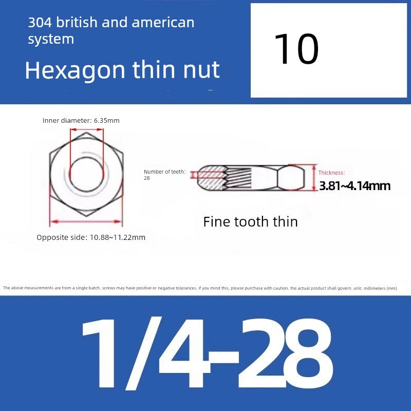 304 Нержавеющая сталь Гекс гайка 1/4-28 UNF Мелкая резьба, 10 шт. для точного инжиниринга