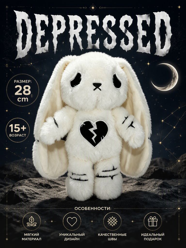 Мягкая Игрушка, Кукла Кролик-Plushie Dreadfuls-depressed rabbit,28См Кукла Для Утешения, Подарок Для Девочки (depressed rabbit-Кролик депрессии)