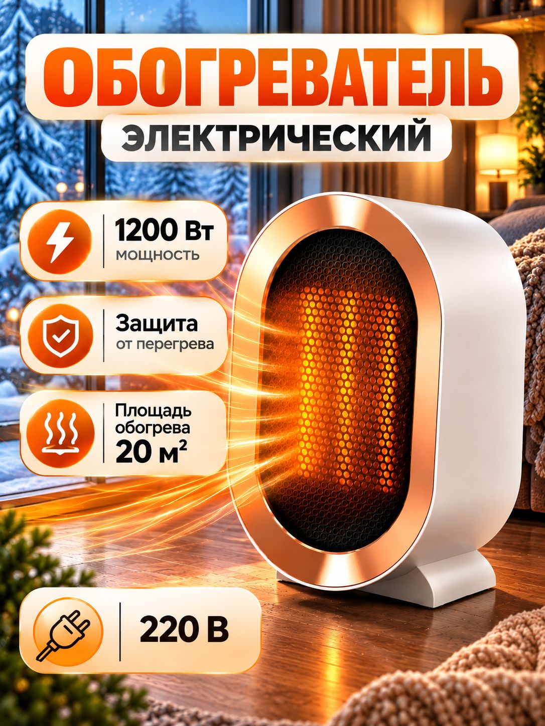 Компактный тепловентилятор 1200Вт, 2 режима, обогрев до 25 кв. м, защита от перегрева, автопредохранитель при опрокидывании