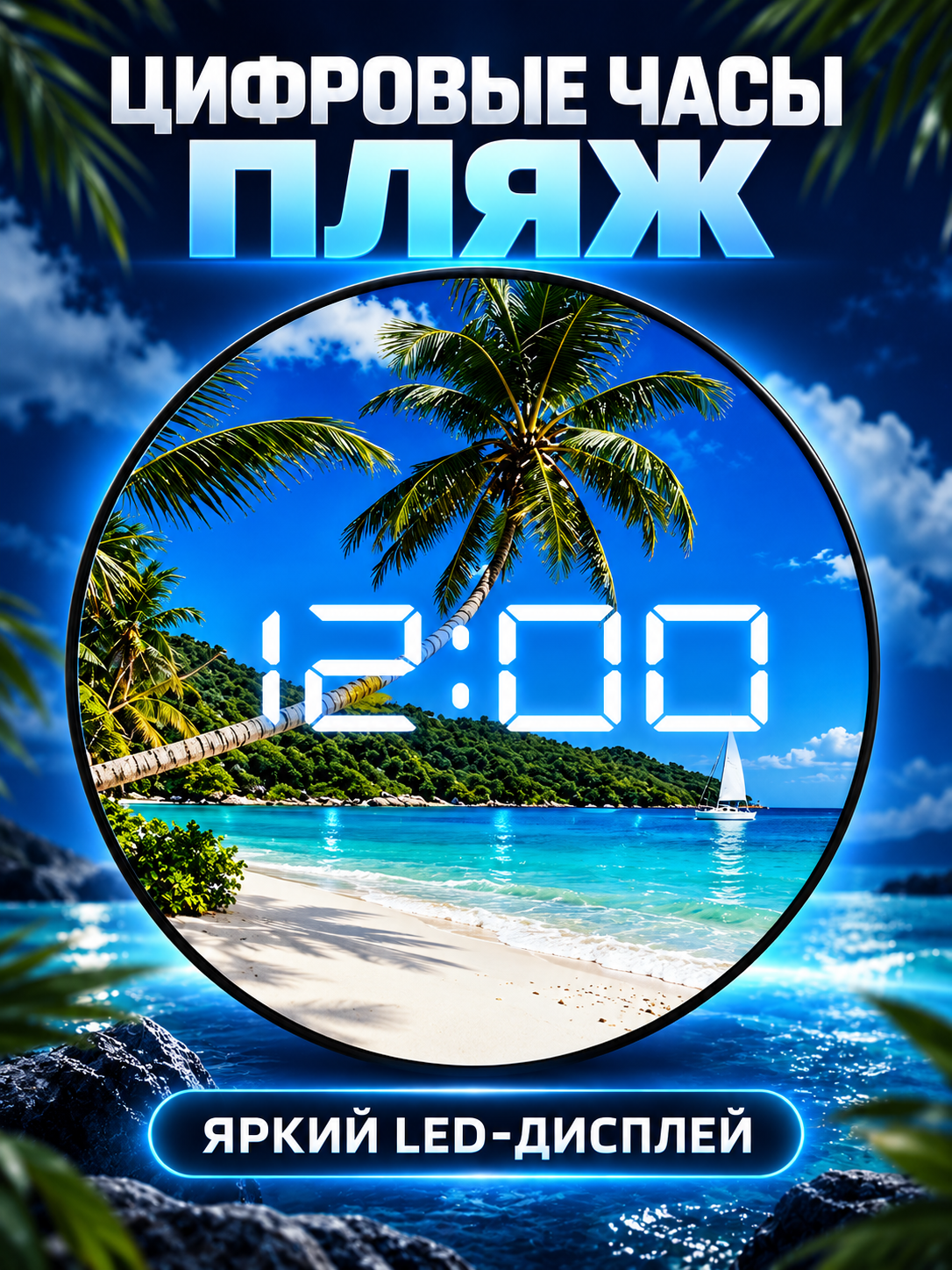 LED Настенные часы Пляж, часы настенные Пляж, питание от сети и батери