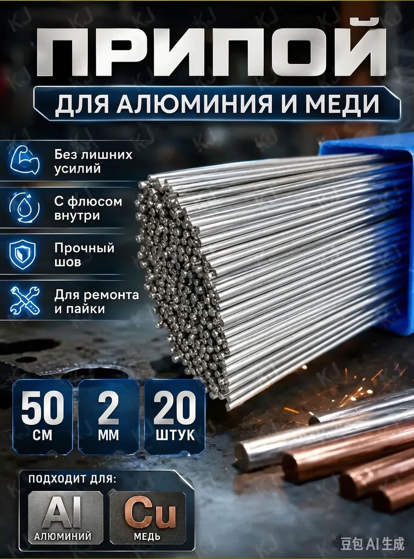 Припой для пайки алюминия с флюсом 20 прутков (50см*2мм)