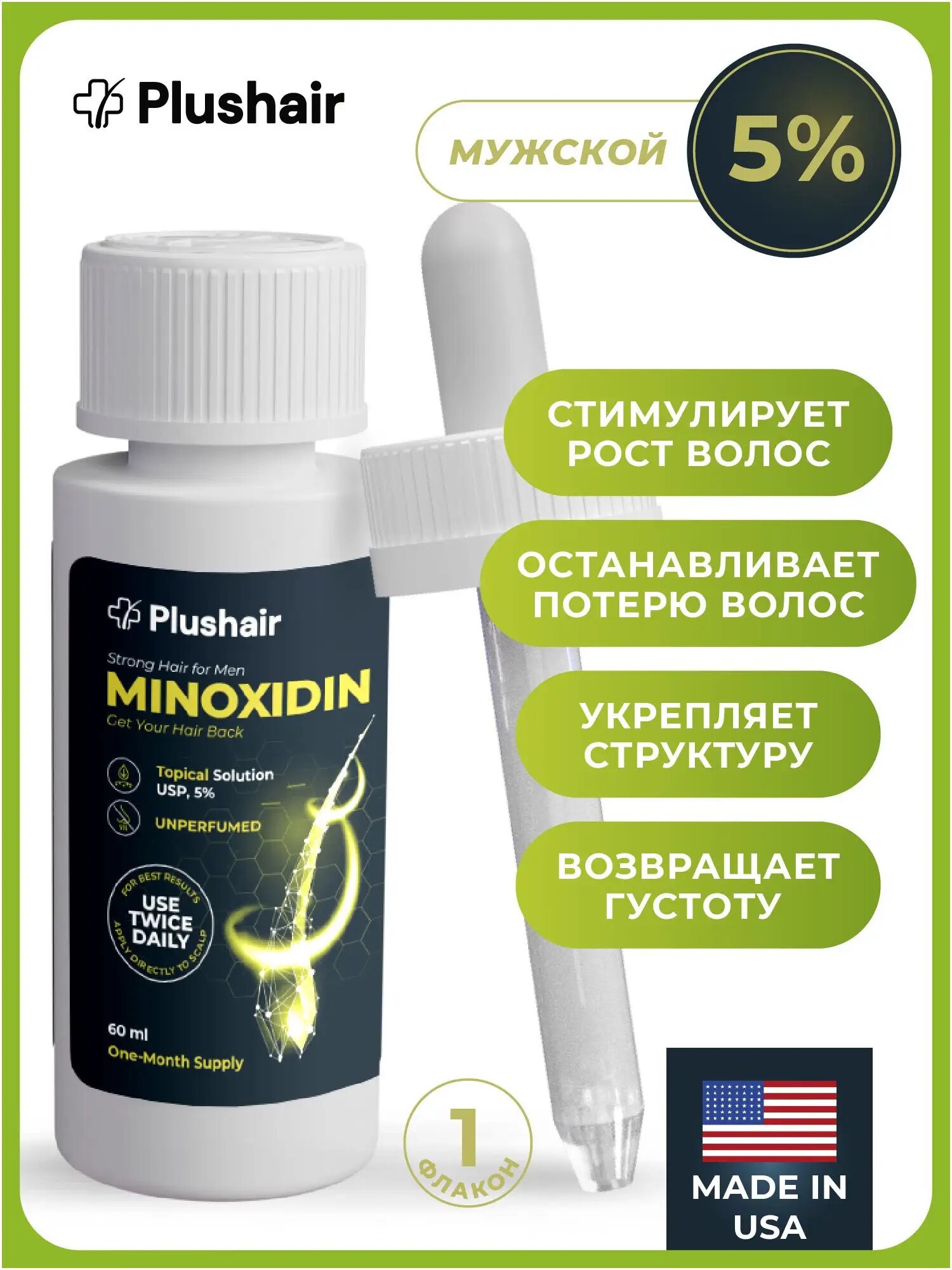 PLUSHAIR Сыворотка для роста волос 5%, лосьон от выпадения волос, бустер активатор для роста бороды, 60 мл