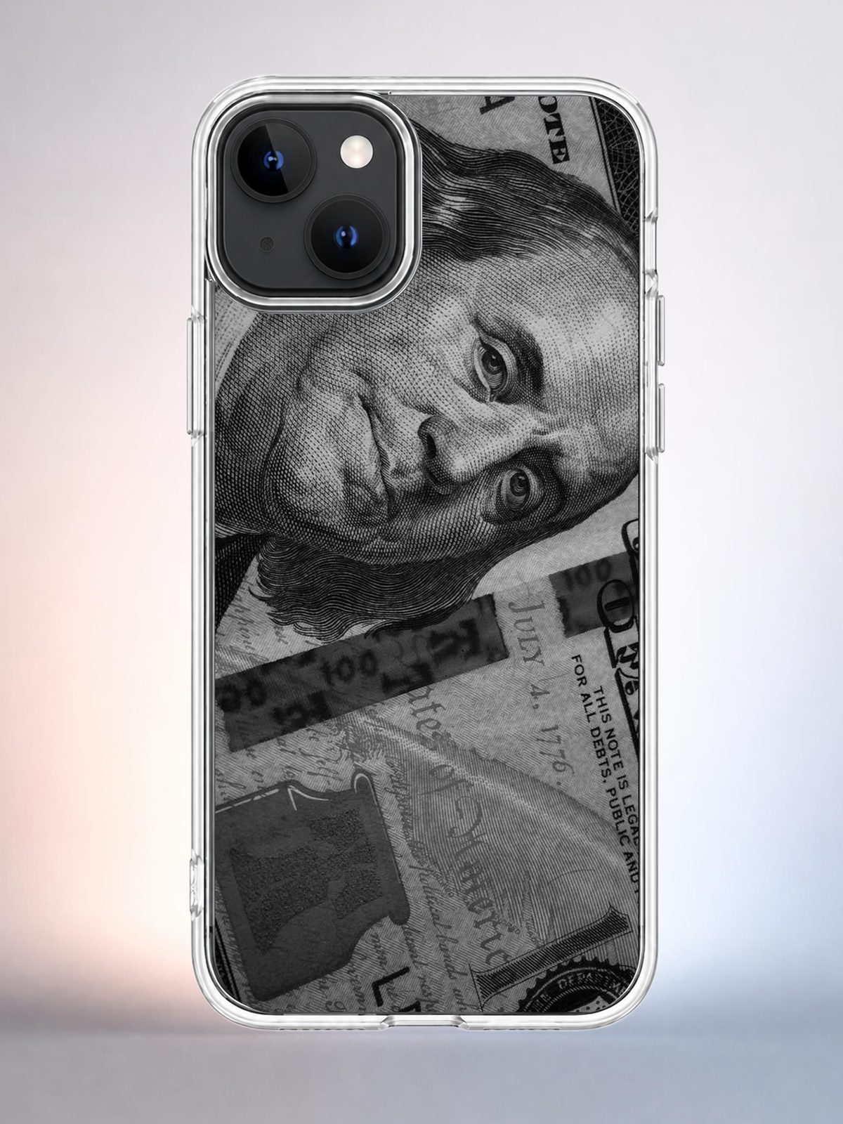 Прозрачный чехол на iPhone 13 мужчина на банкноте