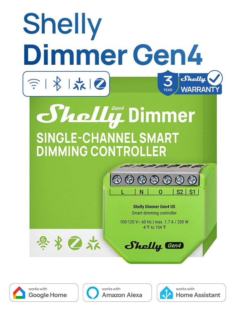 Shelly Dimmer Gen4 беспроводной интеллектуальный диммер, модуль переключателя Zigbee, контроллер Matter с нейтралью и без неё, совместим с Alexa и Google Home.