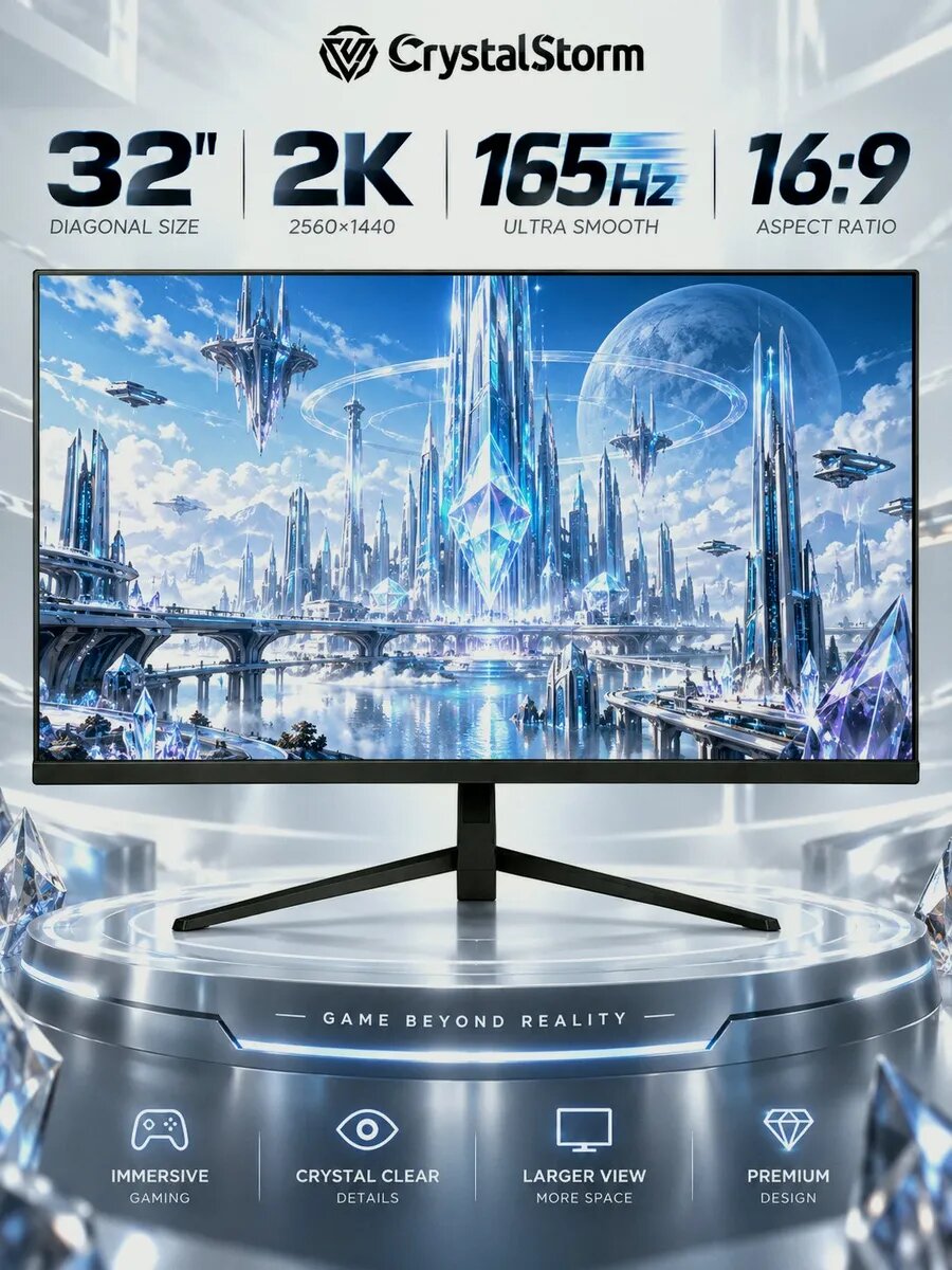 Монитор CrystalStorm, диагональ 32", 2560 x 1440 пикселей, 165Гц, матовый, чёрный